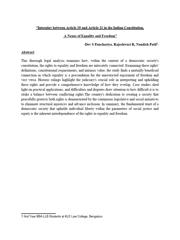 "Interplay Between Article 19 and Article 21 in The Indian Constitution, A Nexus of Equality and ...
