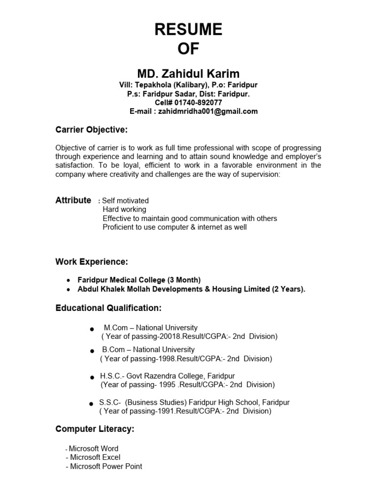 Resume of Md. Zahidul Karim | PDF | Cognition | Social Psychology