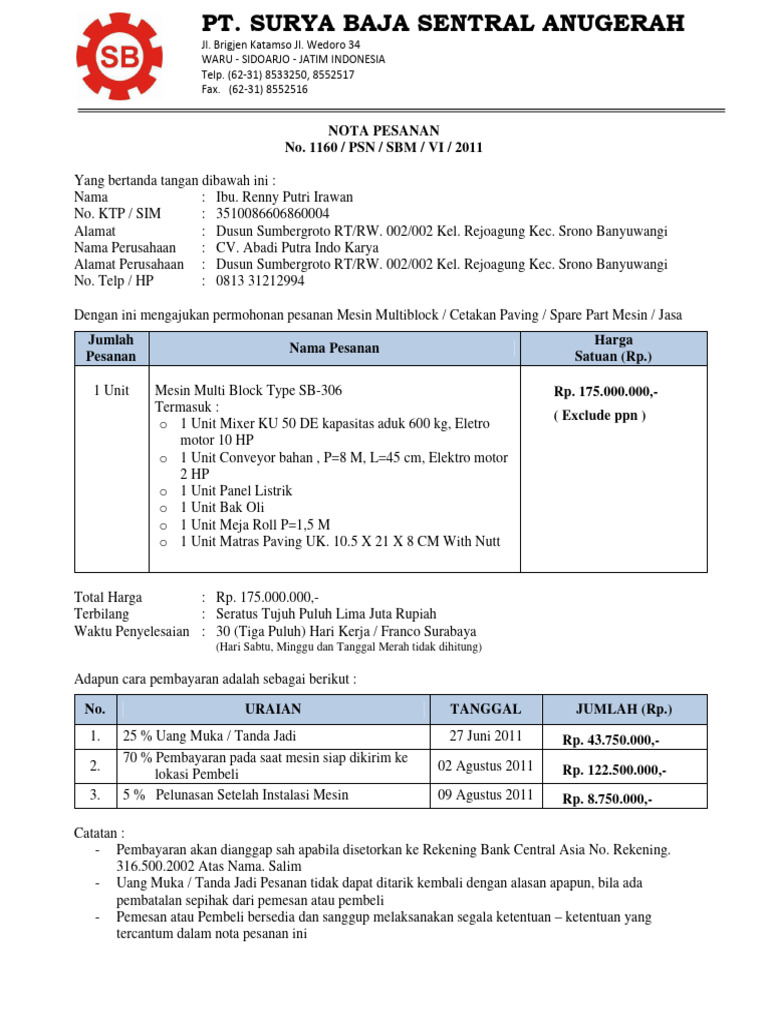 Nota Pesanan CV. Abadi Putra Indo Karya (SB - 306) | PDF