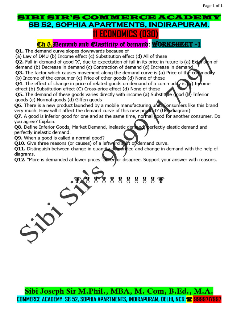 Demand and Elasticity of Demand Worksheet 1 | PDF
