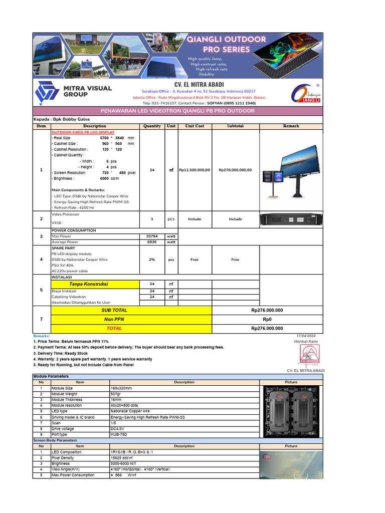 SOFYAN PENAWARAN QIANGLI PRO LED 2024 - P8 Pro OUTDOOR | PDF | Video | Imaging
