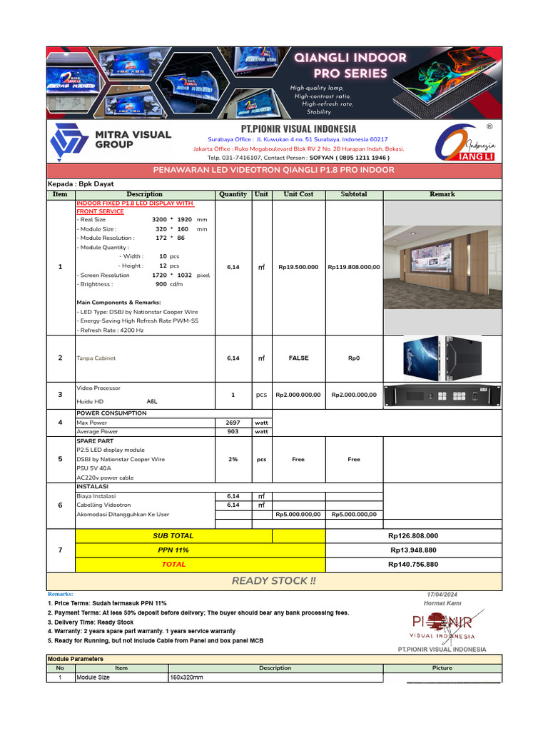 SOFYAN PENAWARAN QIANGLI PRO LED 2024 - P1.8 Pro Indoor 320 X 192 Formosa | PDF | Information ...