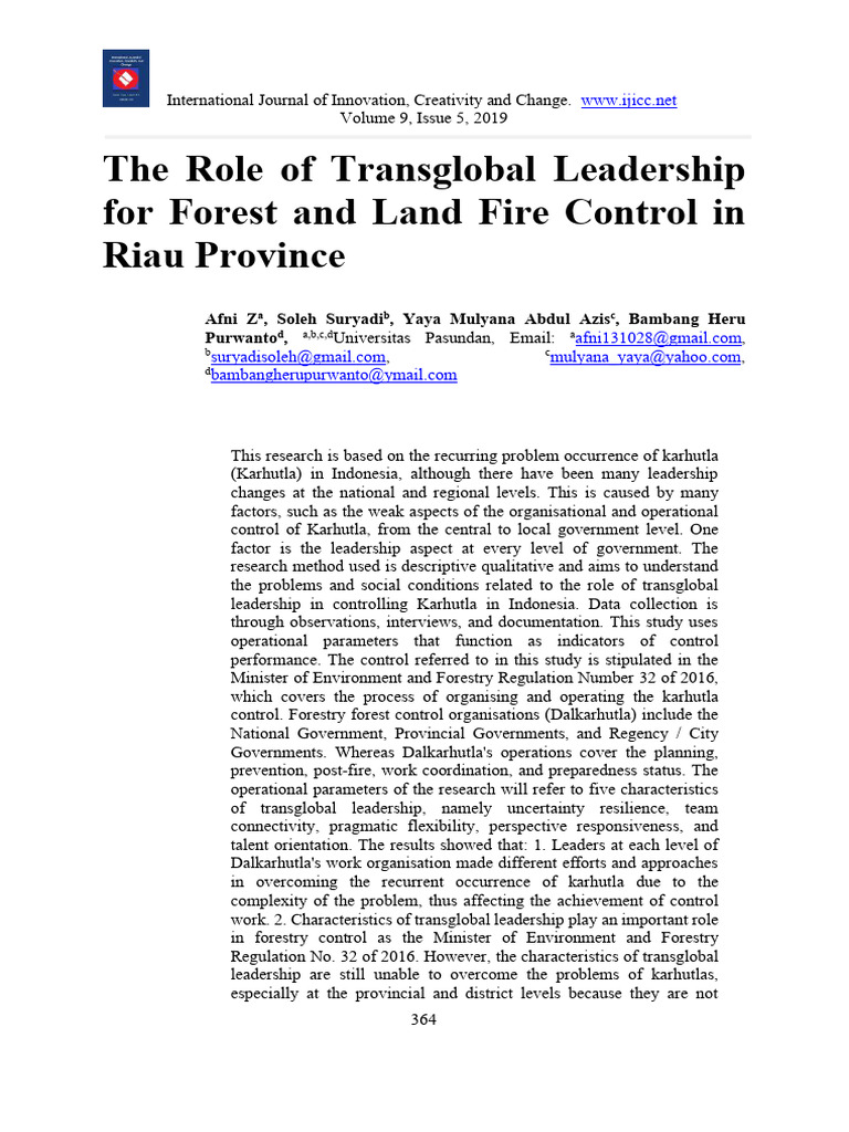 The Role Of Transglobal Leadership For Forest and Land Fire Control in ...