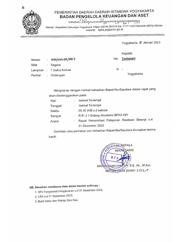 Undangan Rekons Realisasi Belanja | PDF