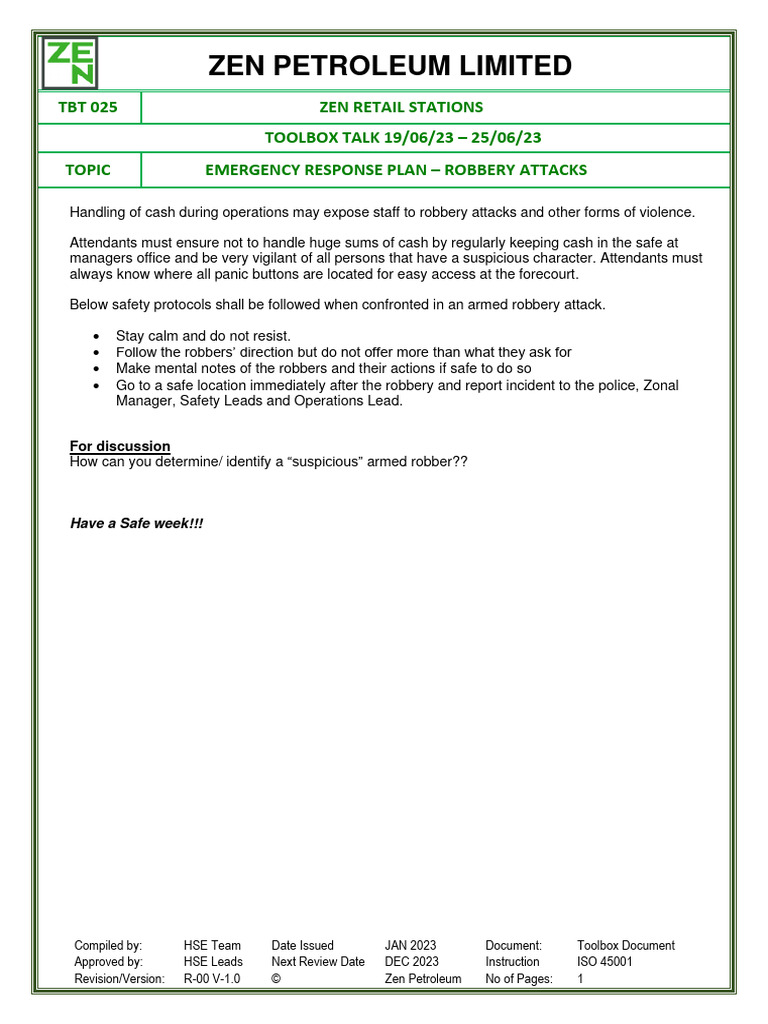 TBT 025 - Emmergency Response Plan - Robbery Attack | PDF