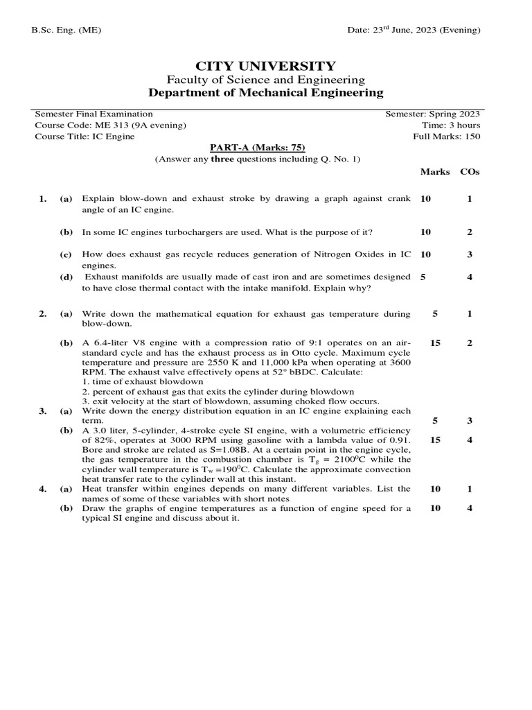ME313 Spring 2023 Final | PDF | Internal Combustion Engine | Engines