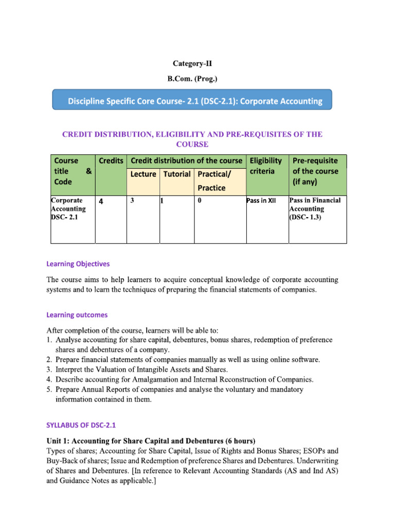Corporate Accounting Bcom Program Syllabus NEP DU | PDF