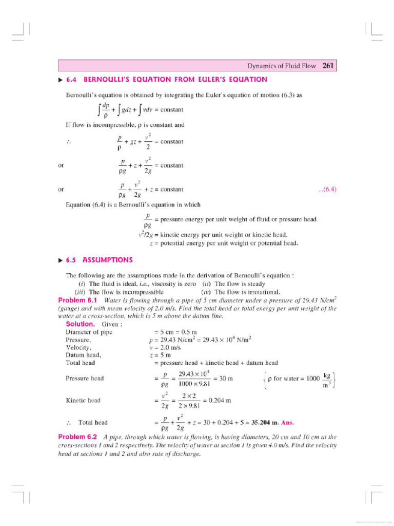Bernoulli's Equation Notes & Examples | PDF