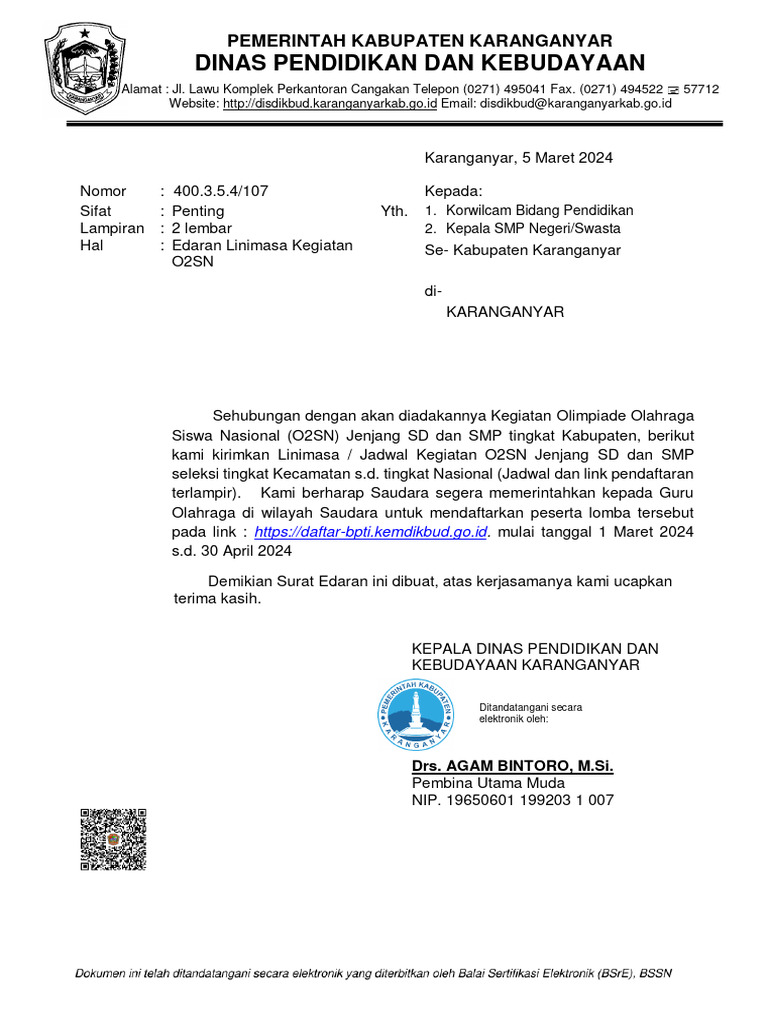 SURAT EDARAN O2SN 2024 SD Dan SMP | PDF