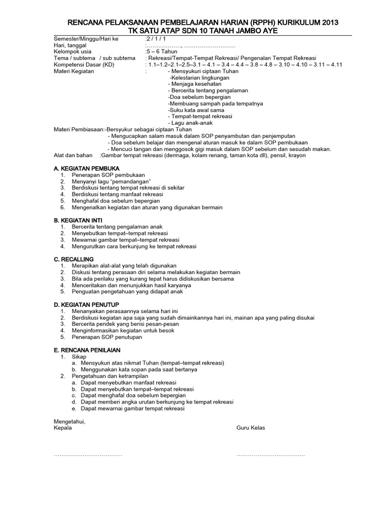 RPPH TK-B SMT2 Minggu - 01 - Tempat Rekreasi | PDF