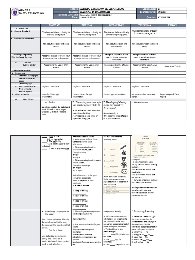 DLL English2 Q1 W4 | PDF | Learning | Word