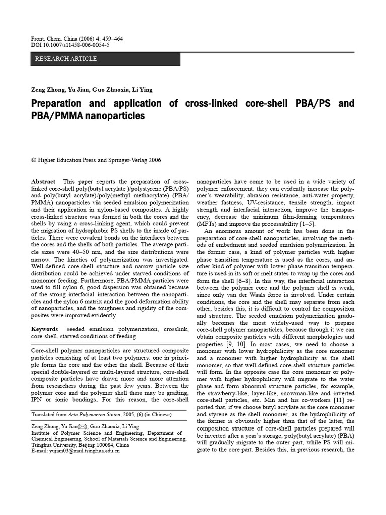 2006 Preparation and Application of Cross-Linked Core-Shell PBA PS and PBA PMMA Nanoparticles ...