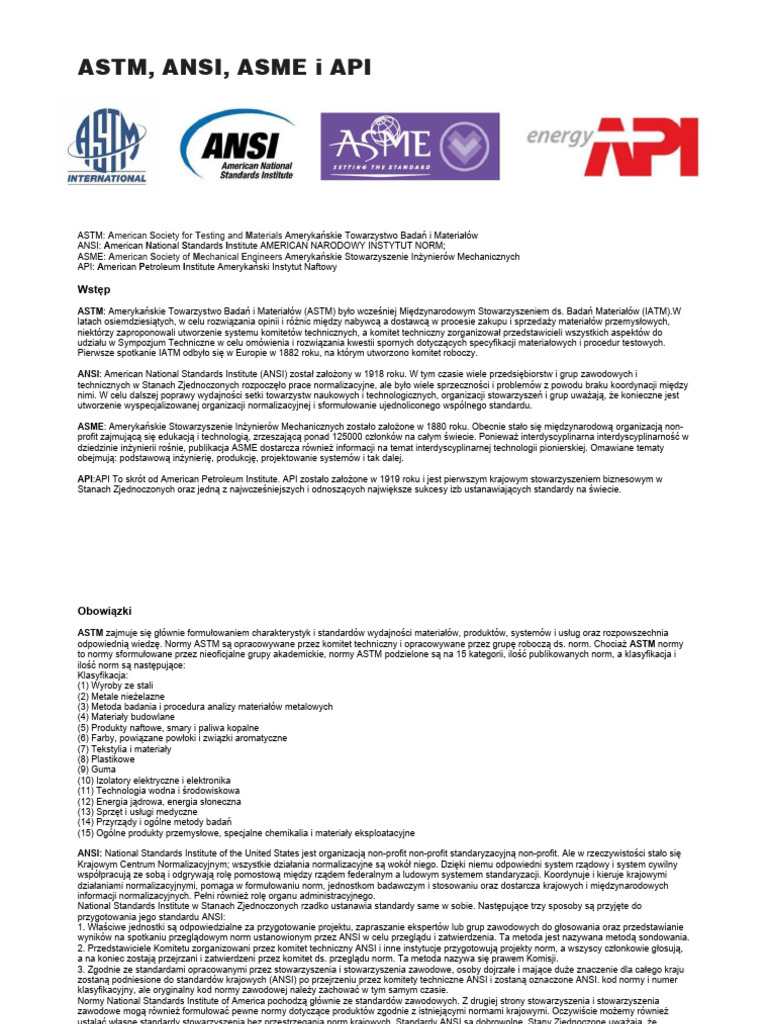 Amerykańskie Istytucje ASTM ANSI ASME API | PDF