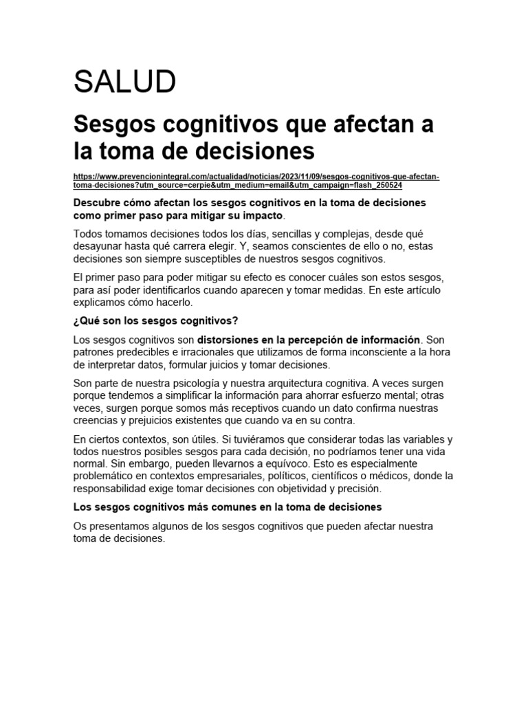 Sesgos Cognitivos en Decisiones Diarias | PDF | Parcialidad | Toma de ...