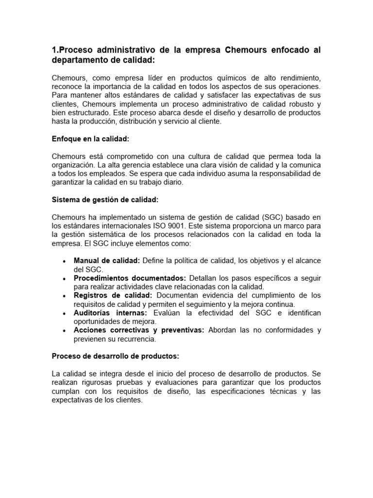 1.proceso Administrativo de La Empresa Chemours Enfocado Al Departamento de Calidad | PDF ...