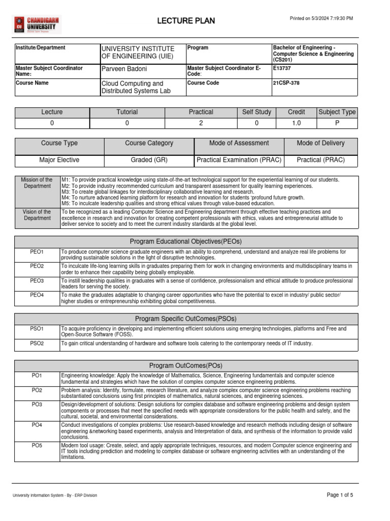 LecturePlan CS201 21CSP-378 | PDF | Engineering | Science