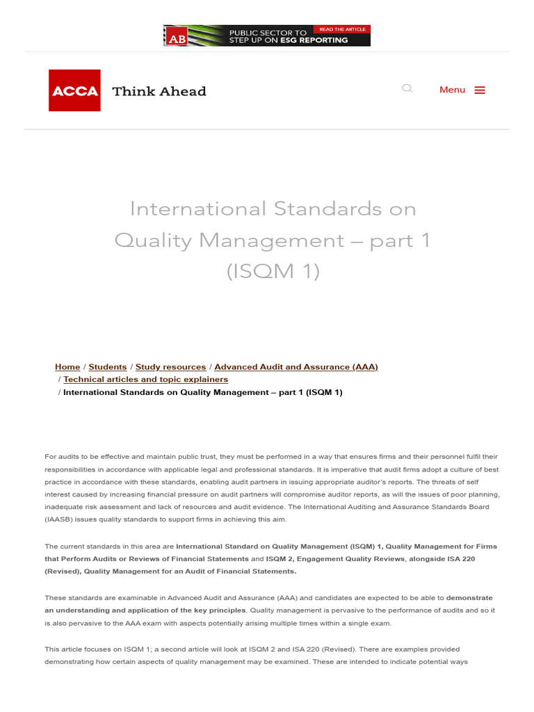 International Standards on Quality Management – part 1 (ISQM 1) _ ACCA ...