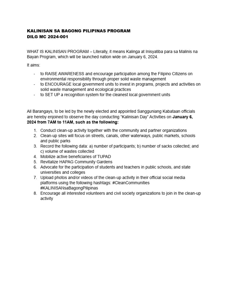 Kalinisan Sa Bagong Pilipinas Program | PDF | Social Science