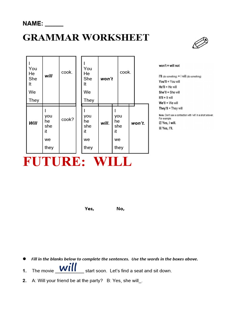 Future Tense "Will" Grammar Worksheet | PDF