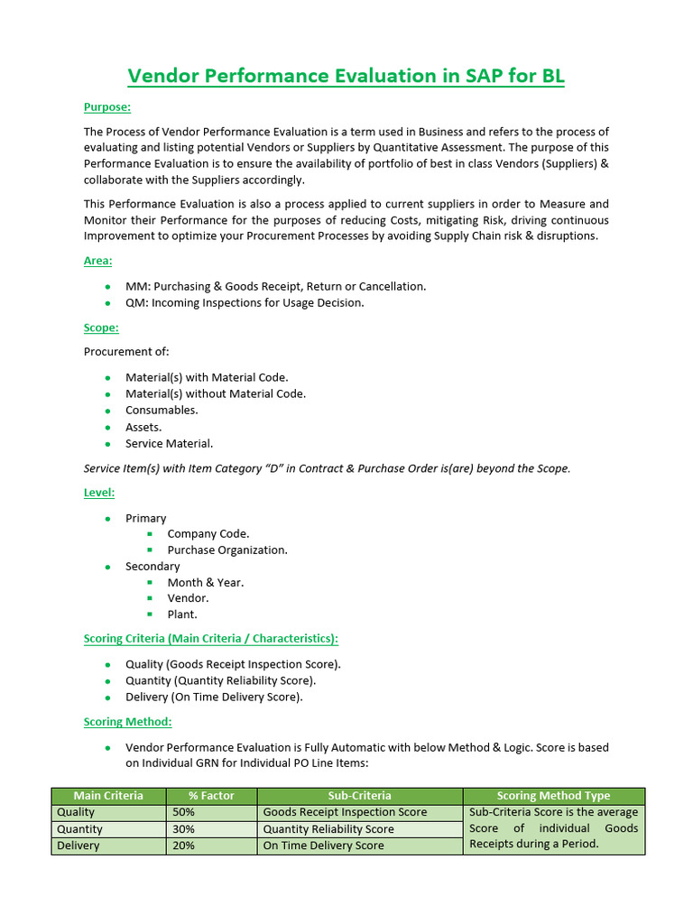 BL SAP Vendor Performance Evaluation V3.0 | PDF | Supply Chain ...