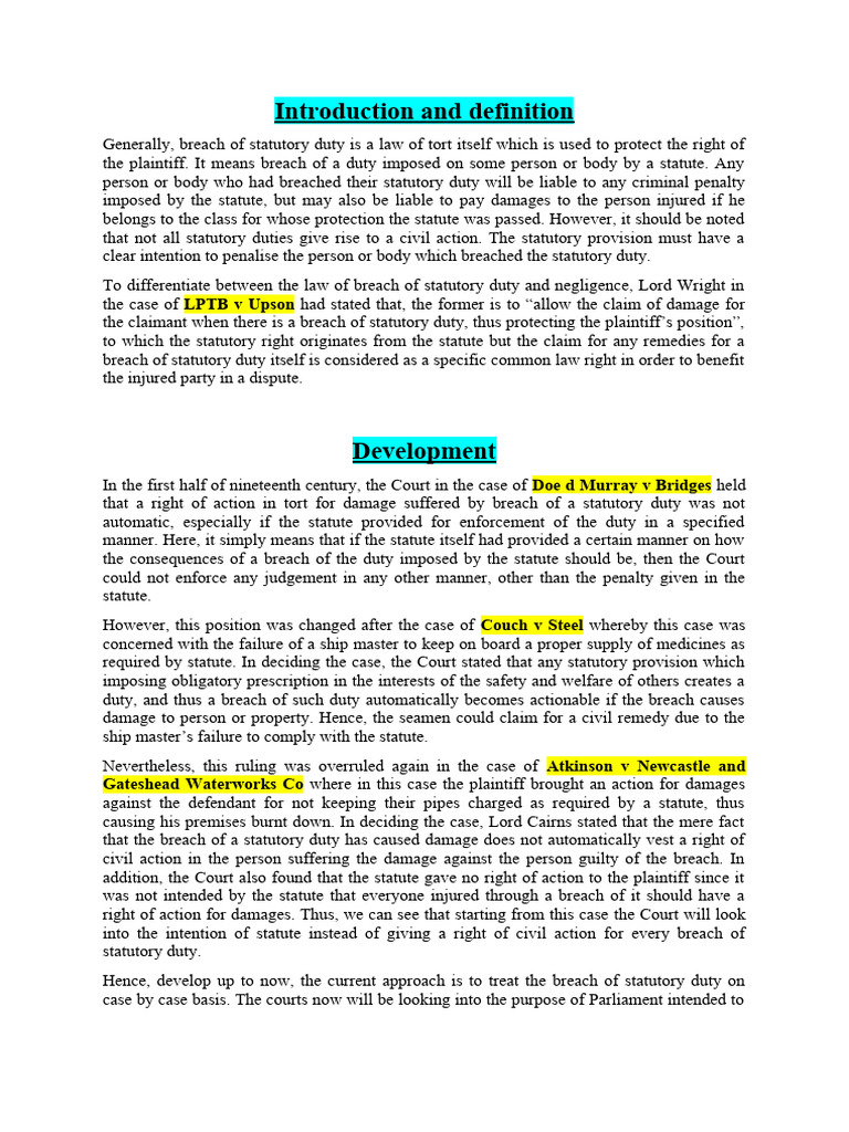Breach of Statutory Duty | PDF | Tort | Negligence
