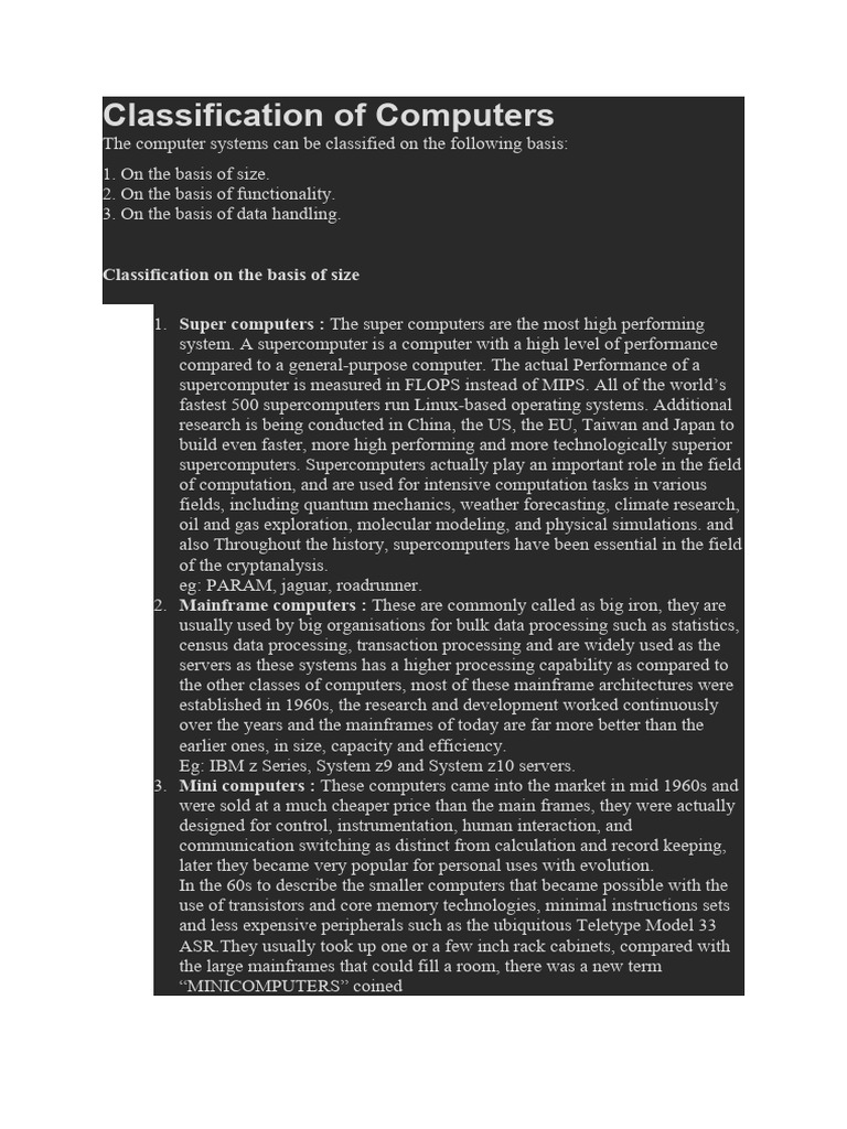 Classification Of Computers Pdf Supercomputer Microcomputers
