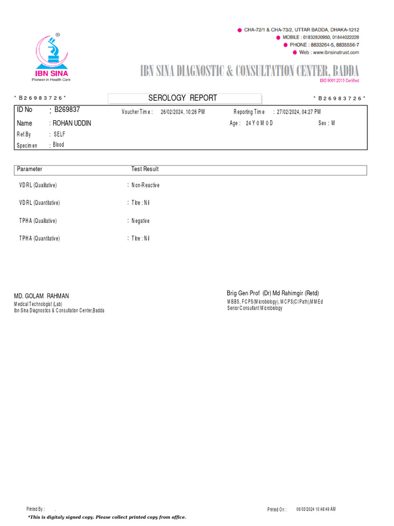 Serology Report: B269837 Id No | PDF