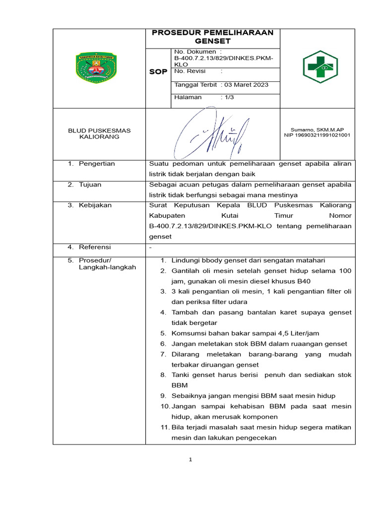 Prosedur Pemeliharaan Genset | PDF | Teknologi & Rekayasa