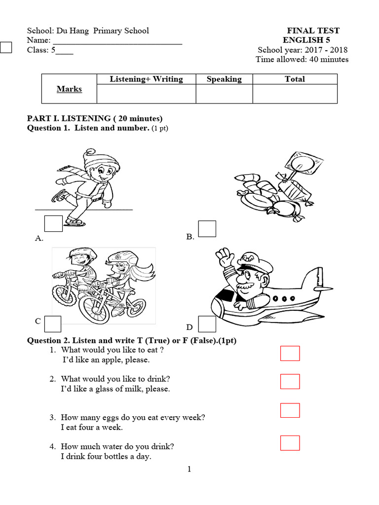 English 5 Final Test for Du Hang School | PDF | Lunch | Cuisine