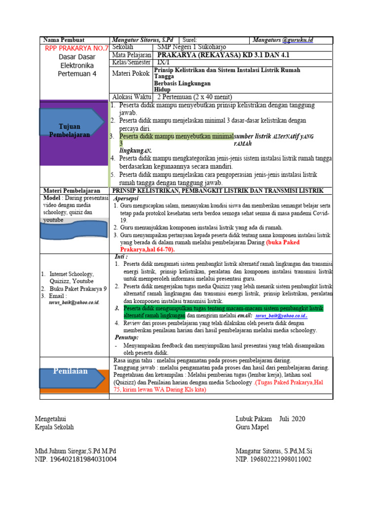 7.RPP Prakarya Kls 9 Prinsip Kelistrikan Dan Sistem Instalasi Listrik ...