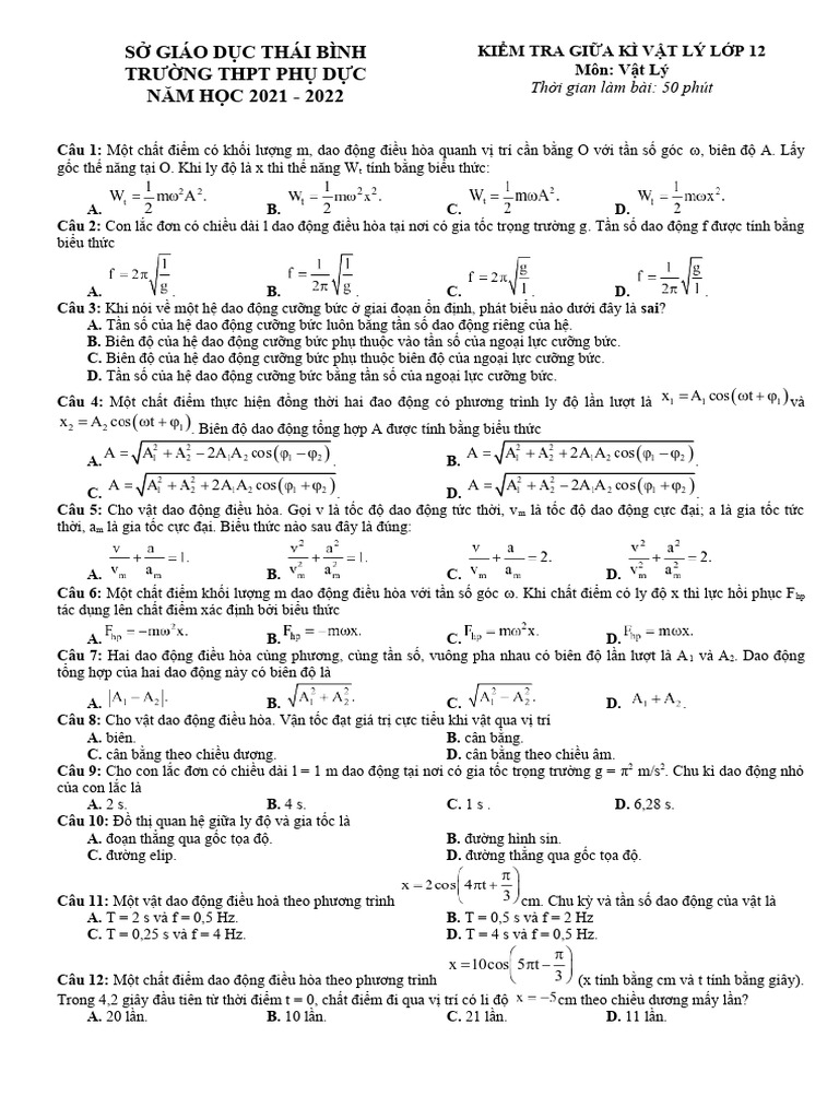 De Thi Giua Ky 1 Vat Ly 12 THPT Phu Duc Nam Hoc 2021 2022 HS Lam | PDF