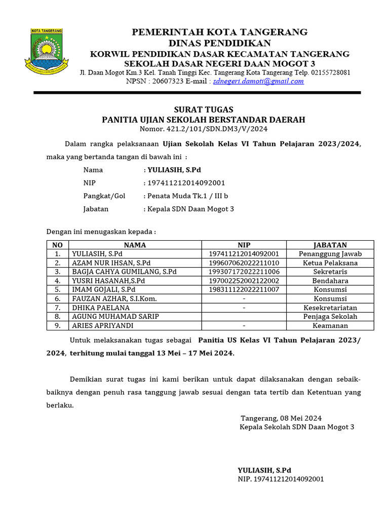 Surat Tugas Panitia Ujian Sekolah | PDF