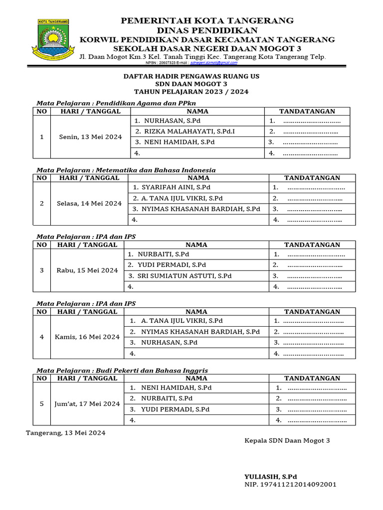 Daftar Hadir Pengawas US | PDF
