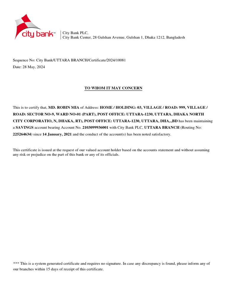 City Bank Uttara Branch Account Certificate | PDF