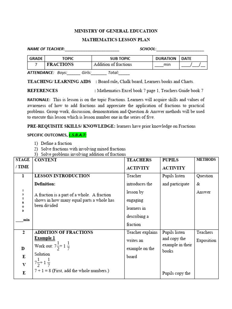 g7 Mathematics Lesson Plan | PDF | Learning | Lesson Plan