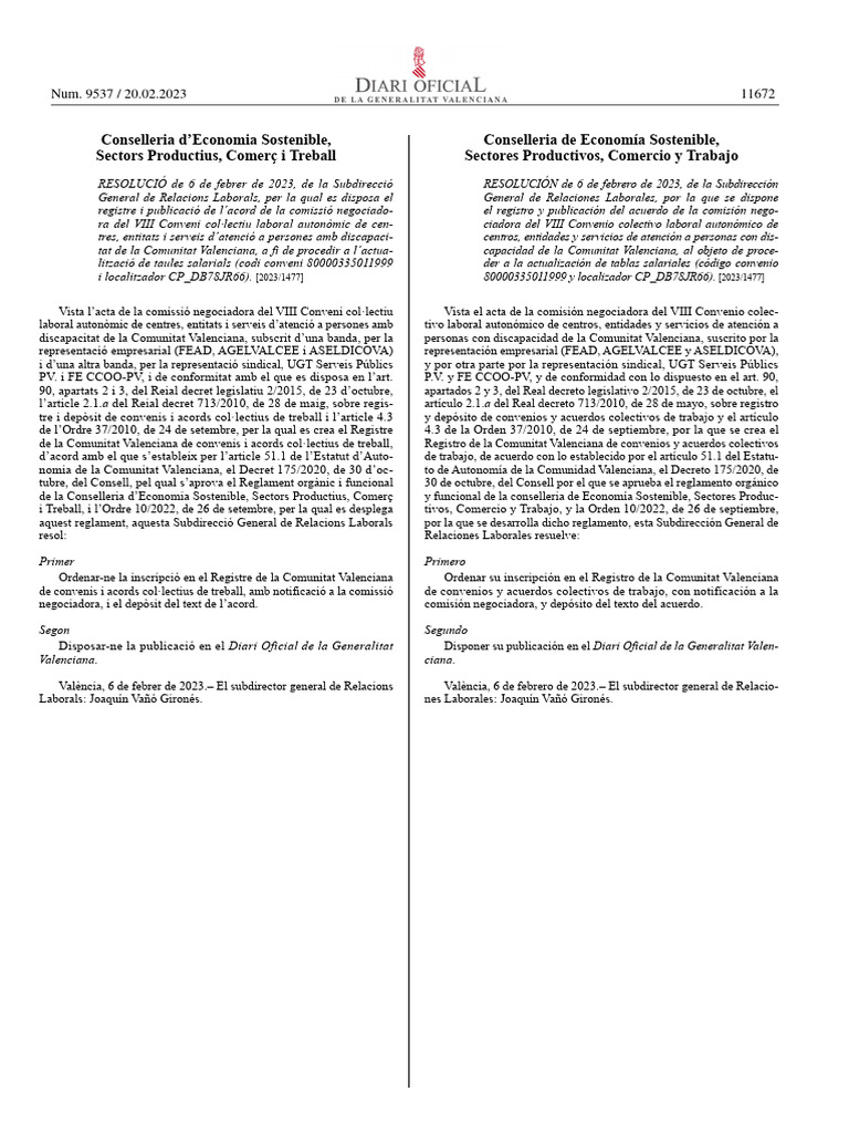 Convenio Discapacidad CV Tablas Salariales 2023 | PDF