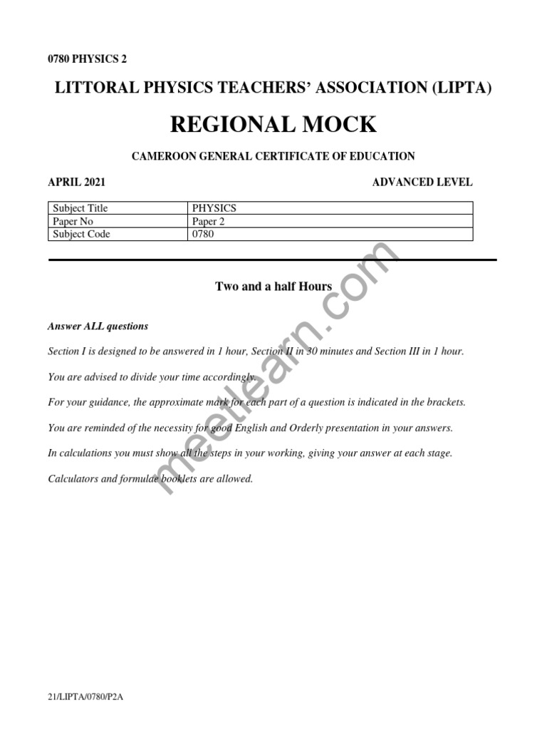 Physics Advanced Paper 2 Littoral Mock 2021 | PDF | Capacitor | Energy Development