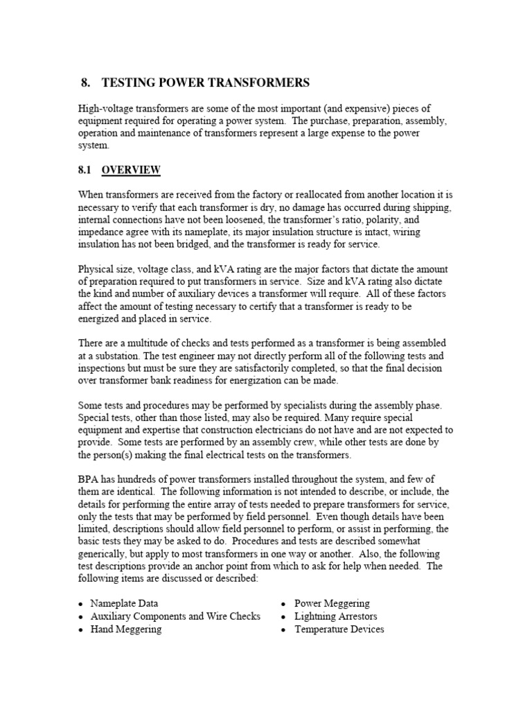 Power Transformer Testing Procedures | PDF | Transformer | Electrical ...