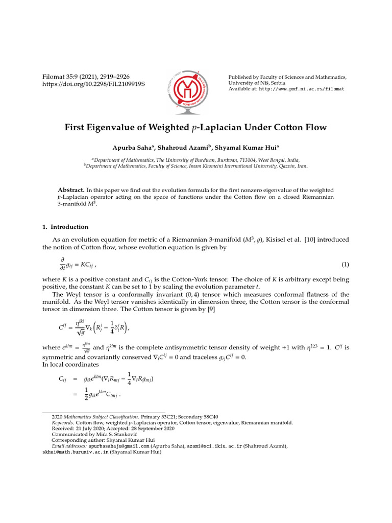 First Eigenvalue of Weighted P-Laplacian Under Cotton Flow | PDF | Eigenvalues And Eigenvectors ...