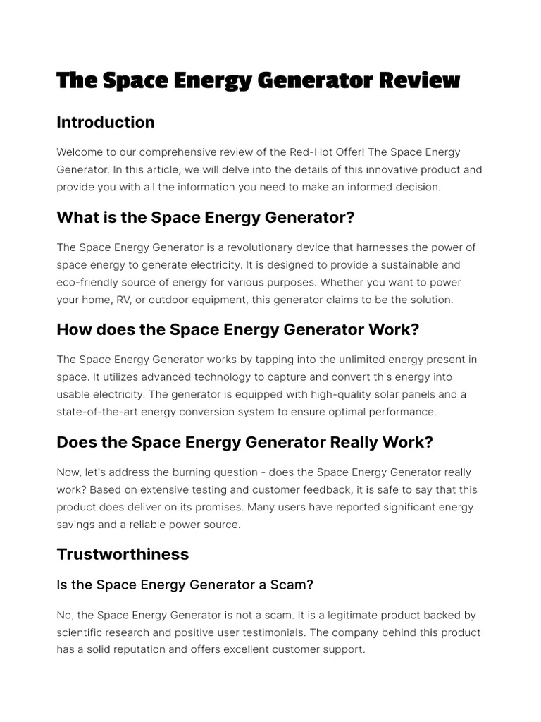 Space Energy Generator Review | PDF | Energy Conservation | Renewable ...