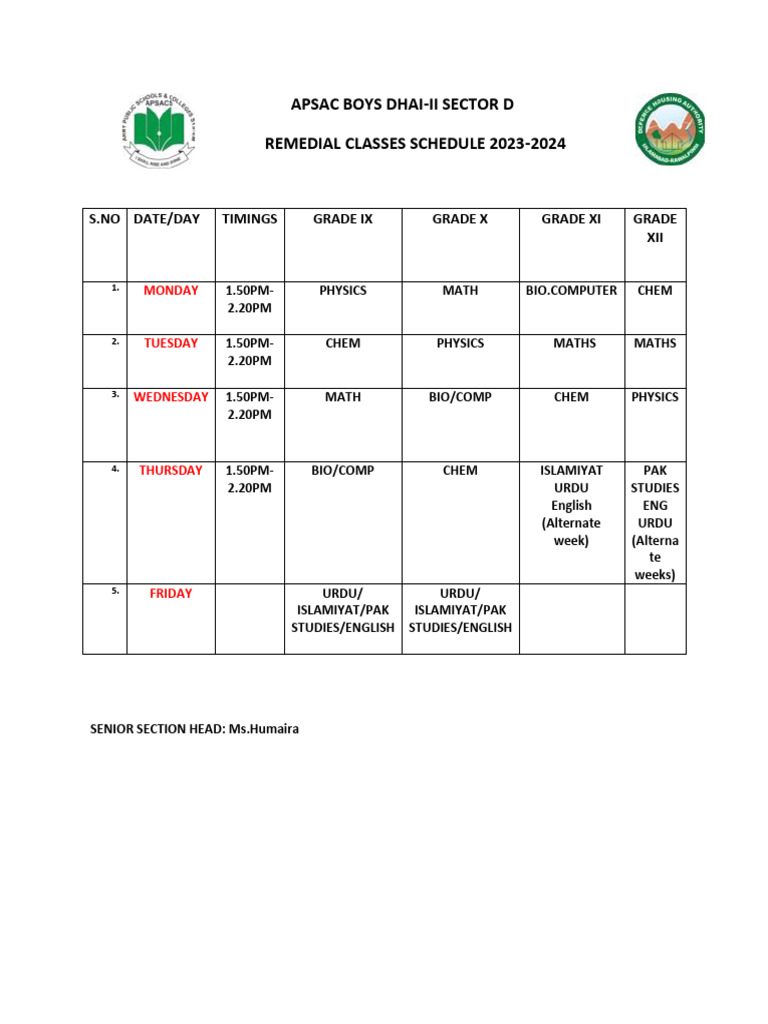 APSAC Boys Remedial Class Schedule 2023 | PDF