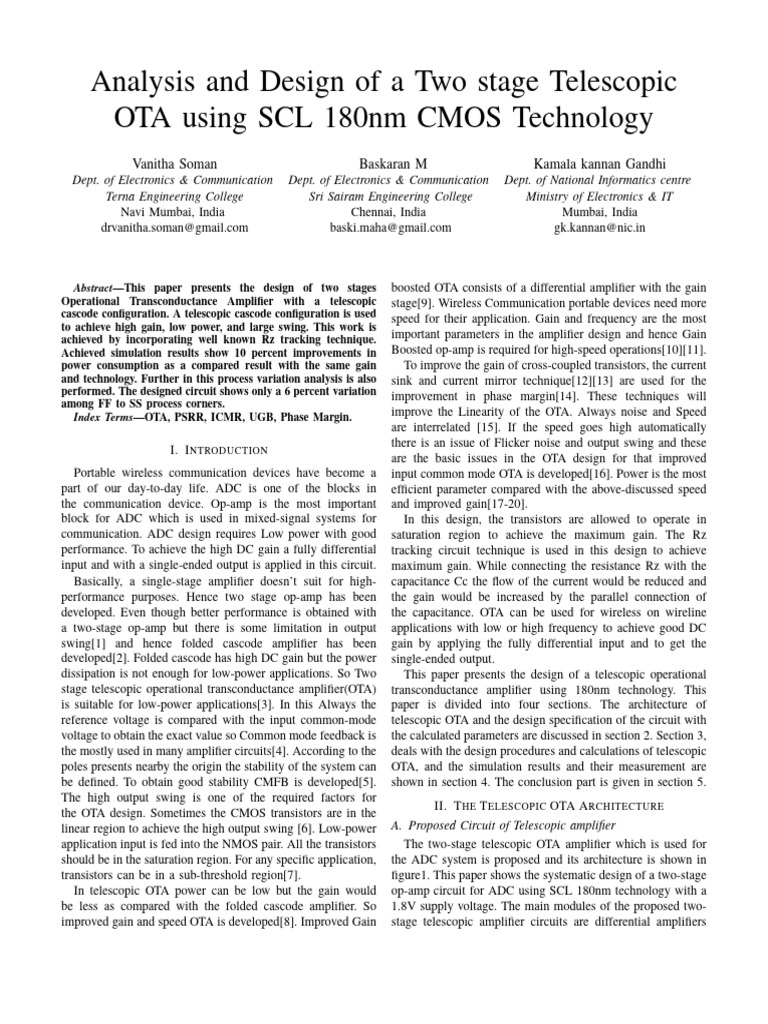 Analysis and Design of A Two Stage Telescopic OTA Using SCL 180nm CMOS ...