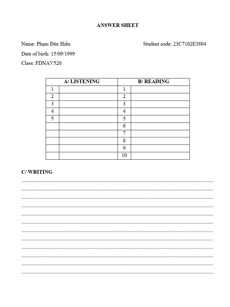 ANSWER SHEET - EN56 - Pham Duc Hien | PDF