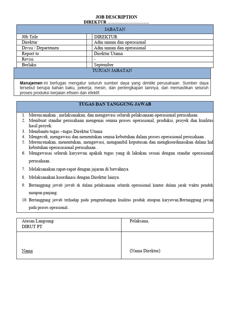 Contoh Job Description Direktur | PDF | Bisnis