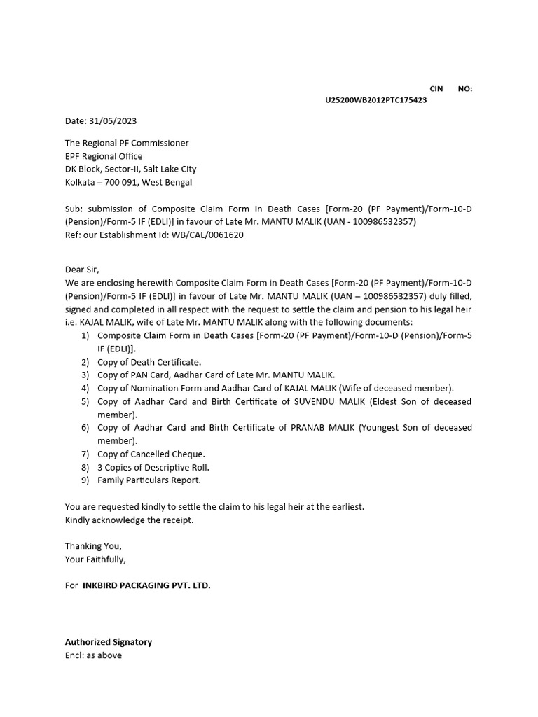 PF Death Claim Covering Letter | PDF | Law