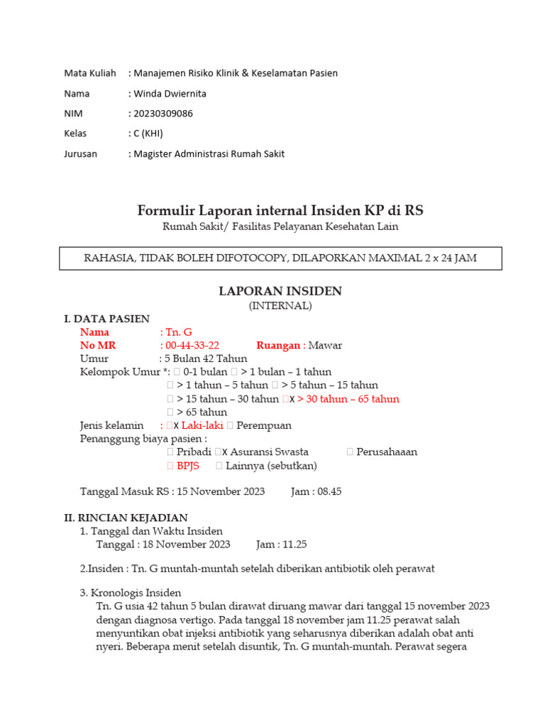 Form Laporan Internal IKP RS 2022 | PDF