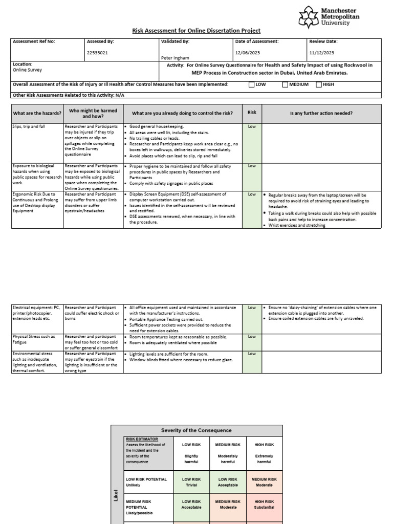 Risk Assessment for Online Dissertation Project | Download Free PDF ...