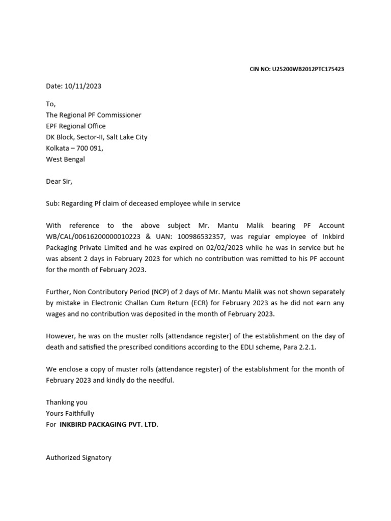 Death While in Service Letter For PF Death Claim | PDF | Finance ...