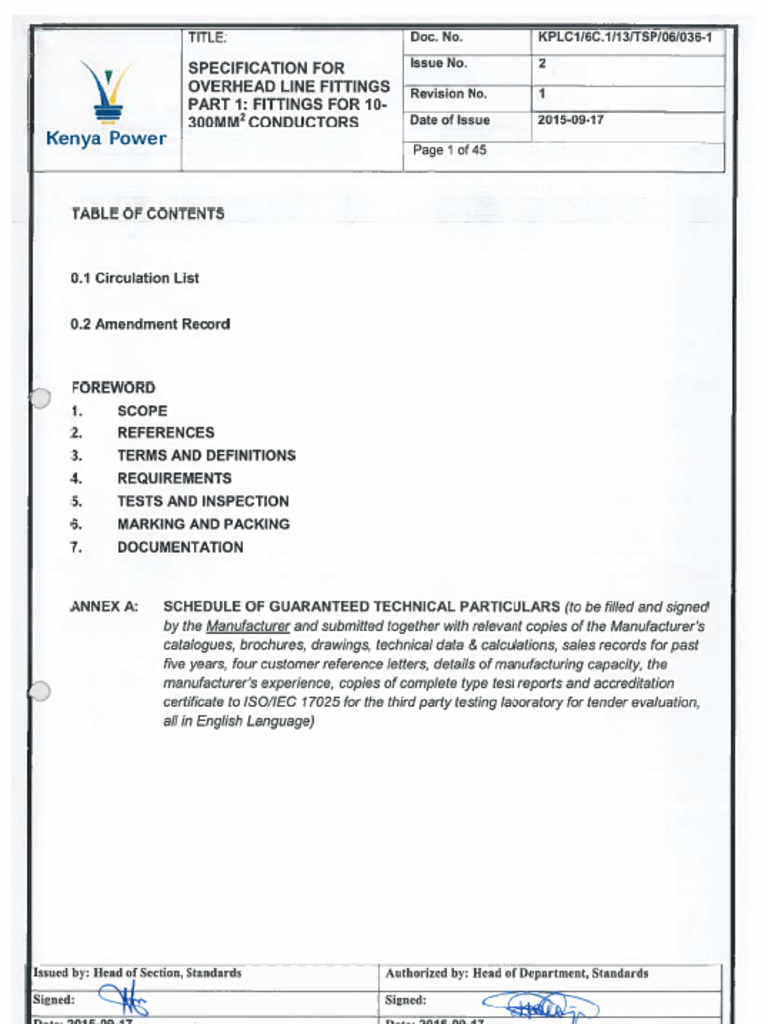 KPLC1-6C 1-13-TSP-06-036-1-Specification For Overhead Line Fittings ...