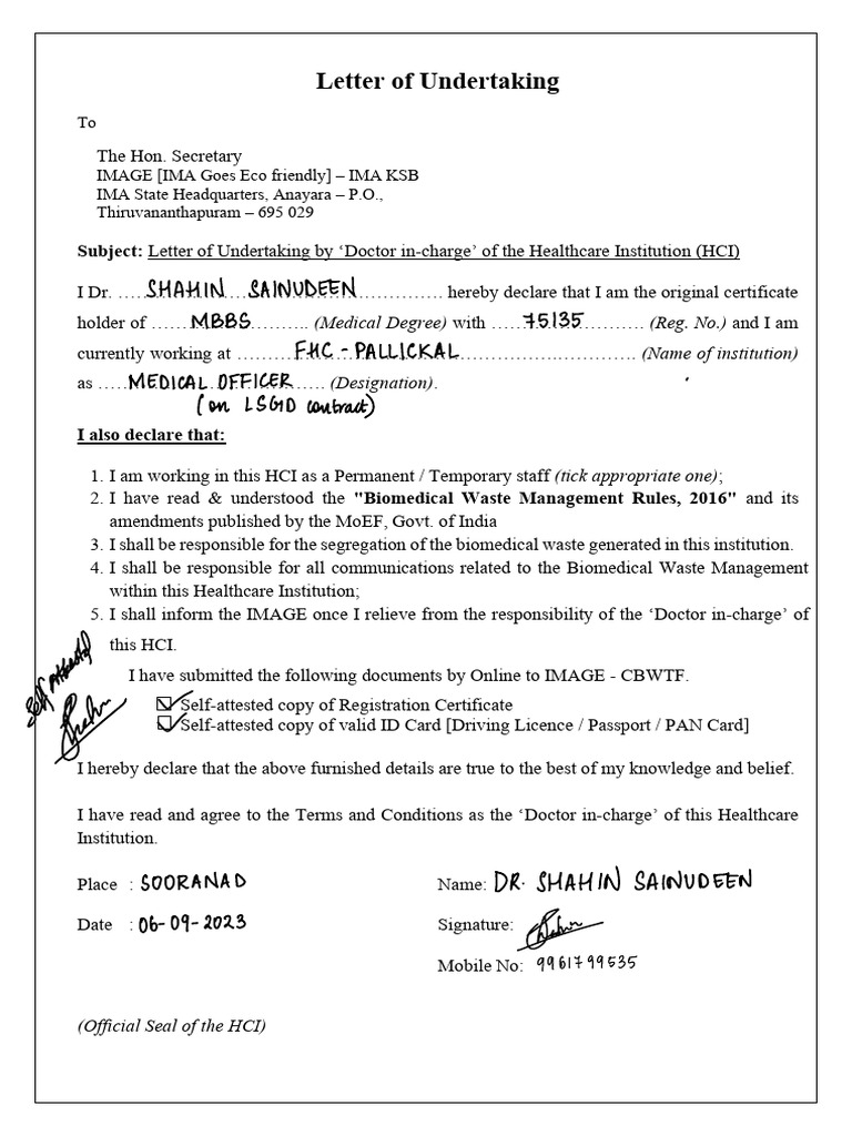 Format of Undertaking Letter - Doctor In-Charge | Download Free PDF ...